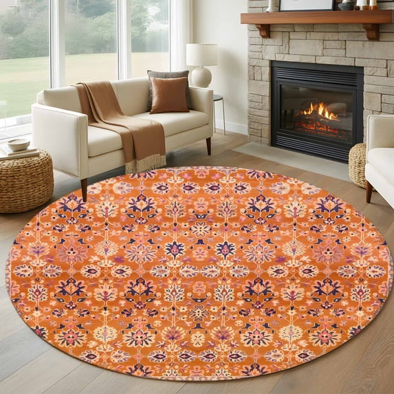 Boho Orange Round Area Rug 5 FT, Non Slip Bedroom Rugs, Country Style ...