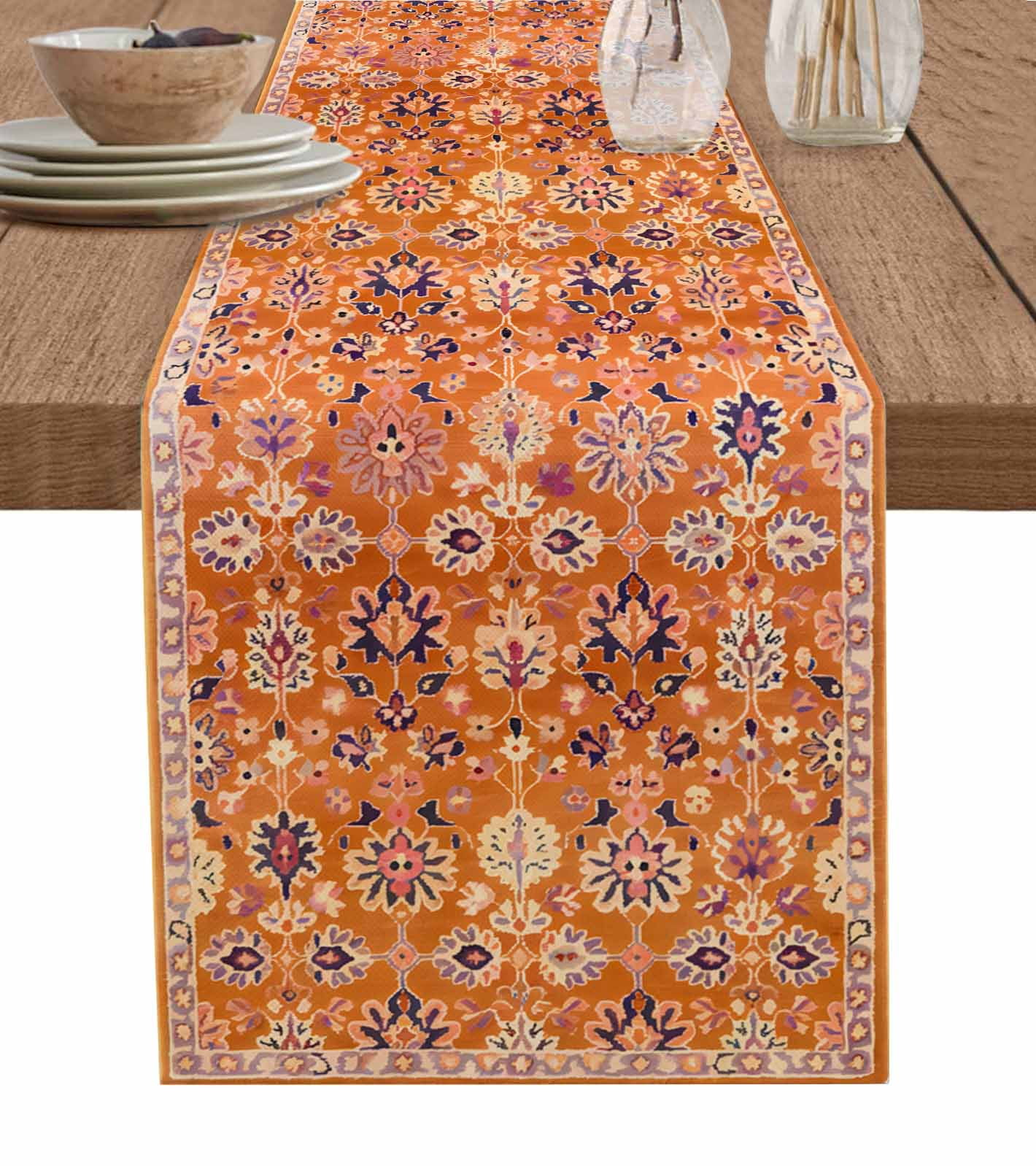 Boho Orange Table Runner 72 Inches, Country Style Bohemian Floral Retro Tribal Bed Runner ...