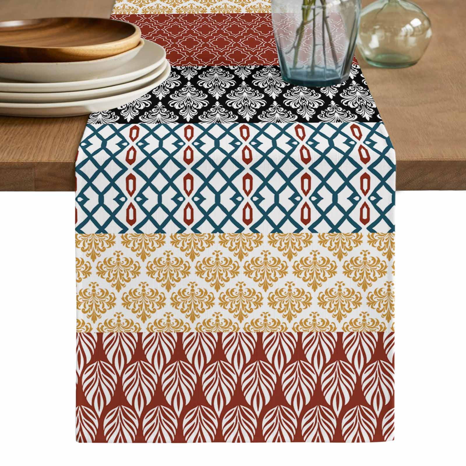 Boho Orange Table Runner, Yellow Geometric Stripes Turquoise Bohemia ...