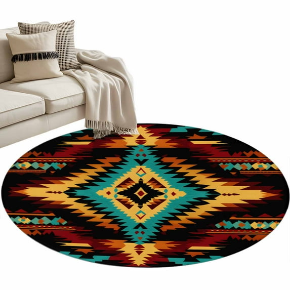 Boho Orange Teal 3ft Area Rug, Southwestern Ethnic Abstract Geometric ...