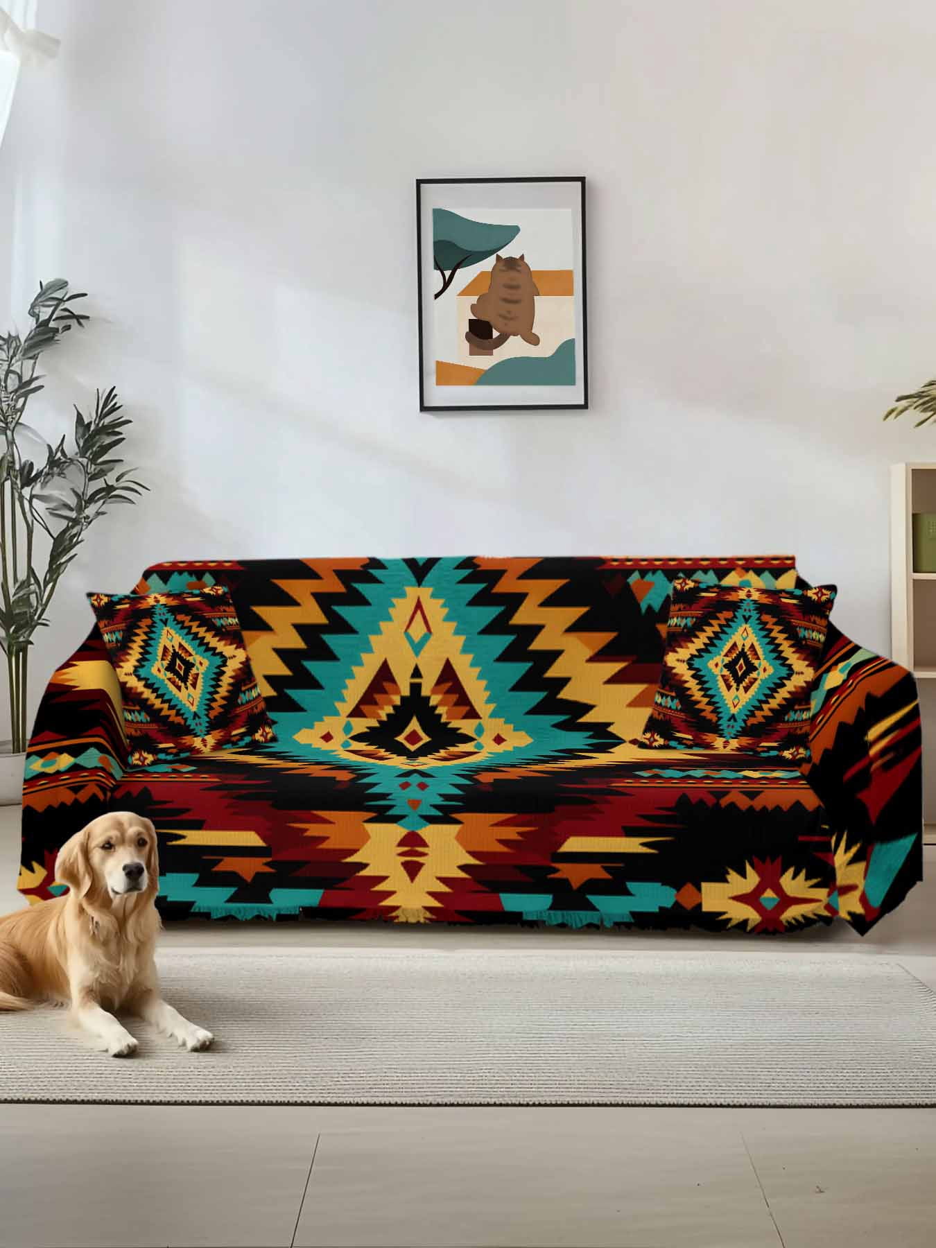 Boho Orange Teal Couch Cover for 2 Cushion Couch, Southwestern Ethnic ...