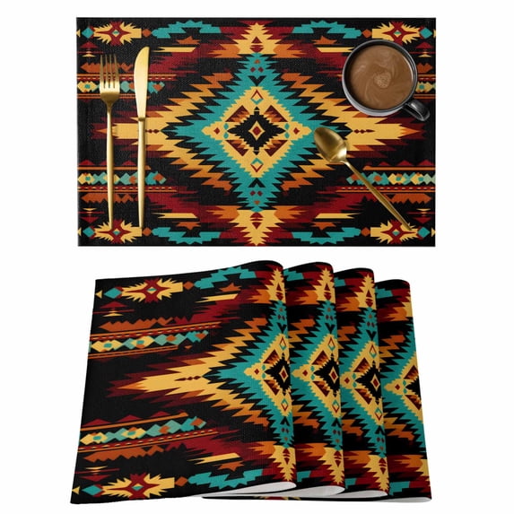 Boho Orange Teal Placemats Set of 12,Cotton Linen Fabric Place Mats ...