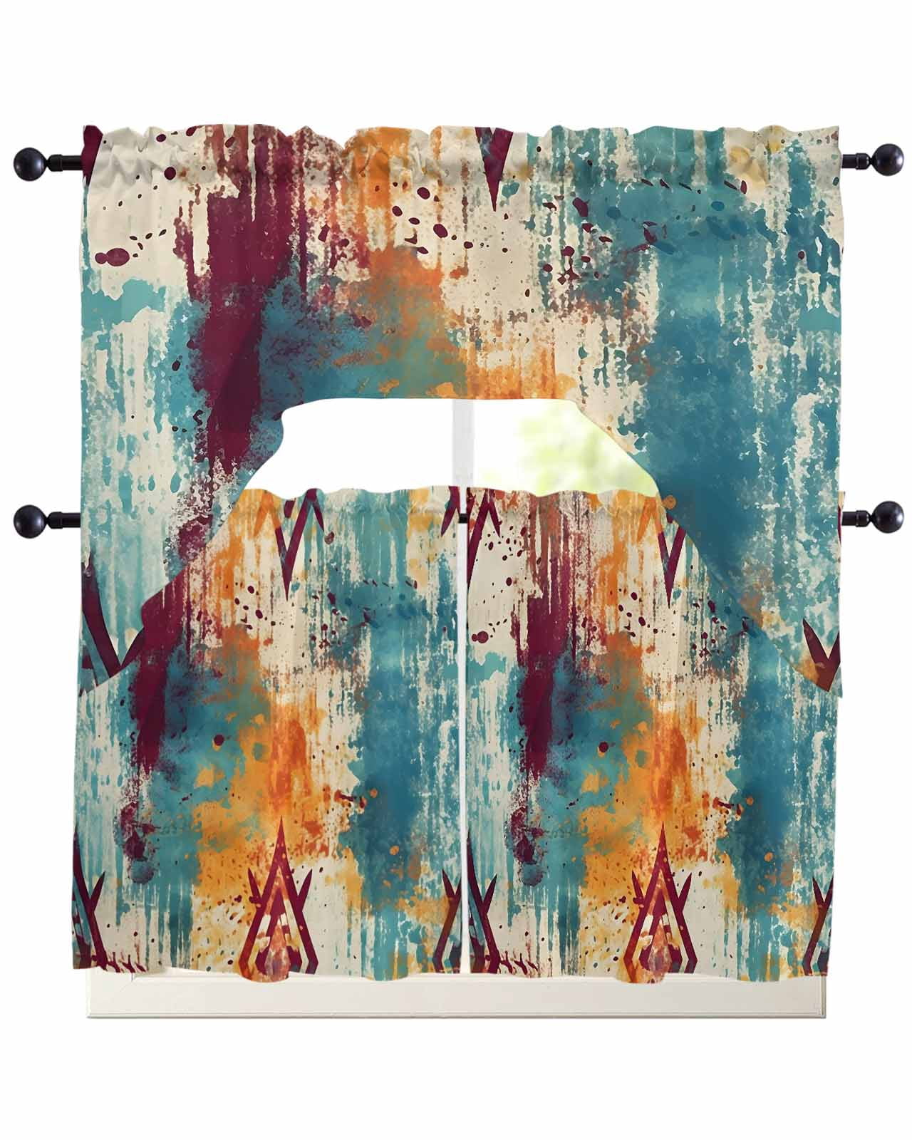 Boho Orange Teal Red Kitchen Curtain and Valance Set 3 Pieces,Rod ...