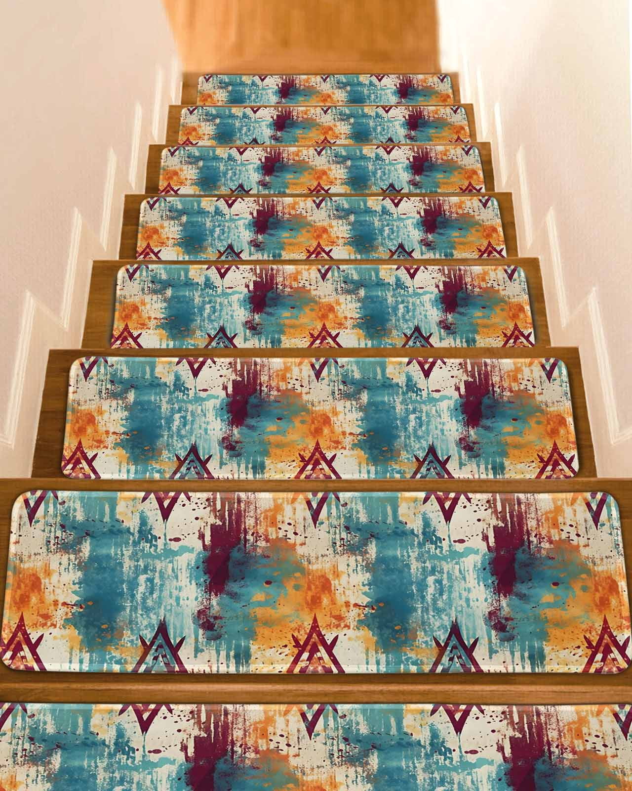 Boho Orange Teal Red Stair Treads for Wooden Steps Indoor Runner Rug ...
