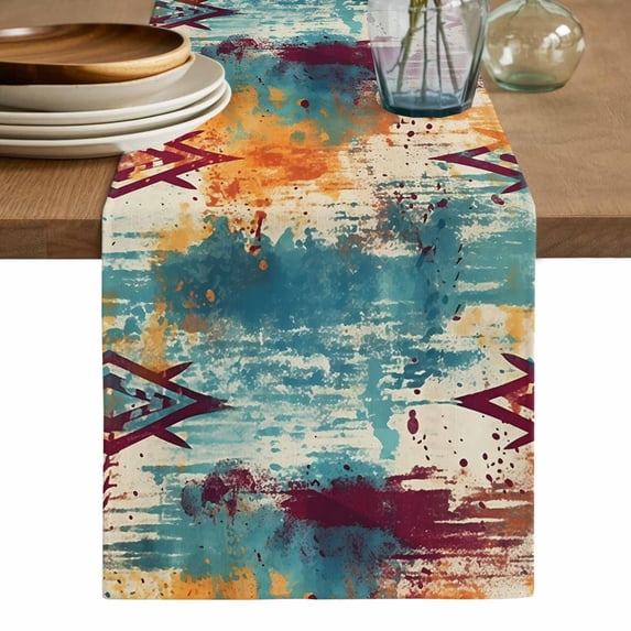 Boho Orange Teal Red Table Runner, Modern Abstract Splashing Art ...