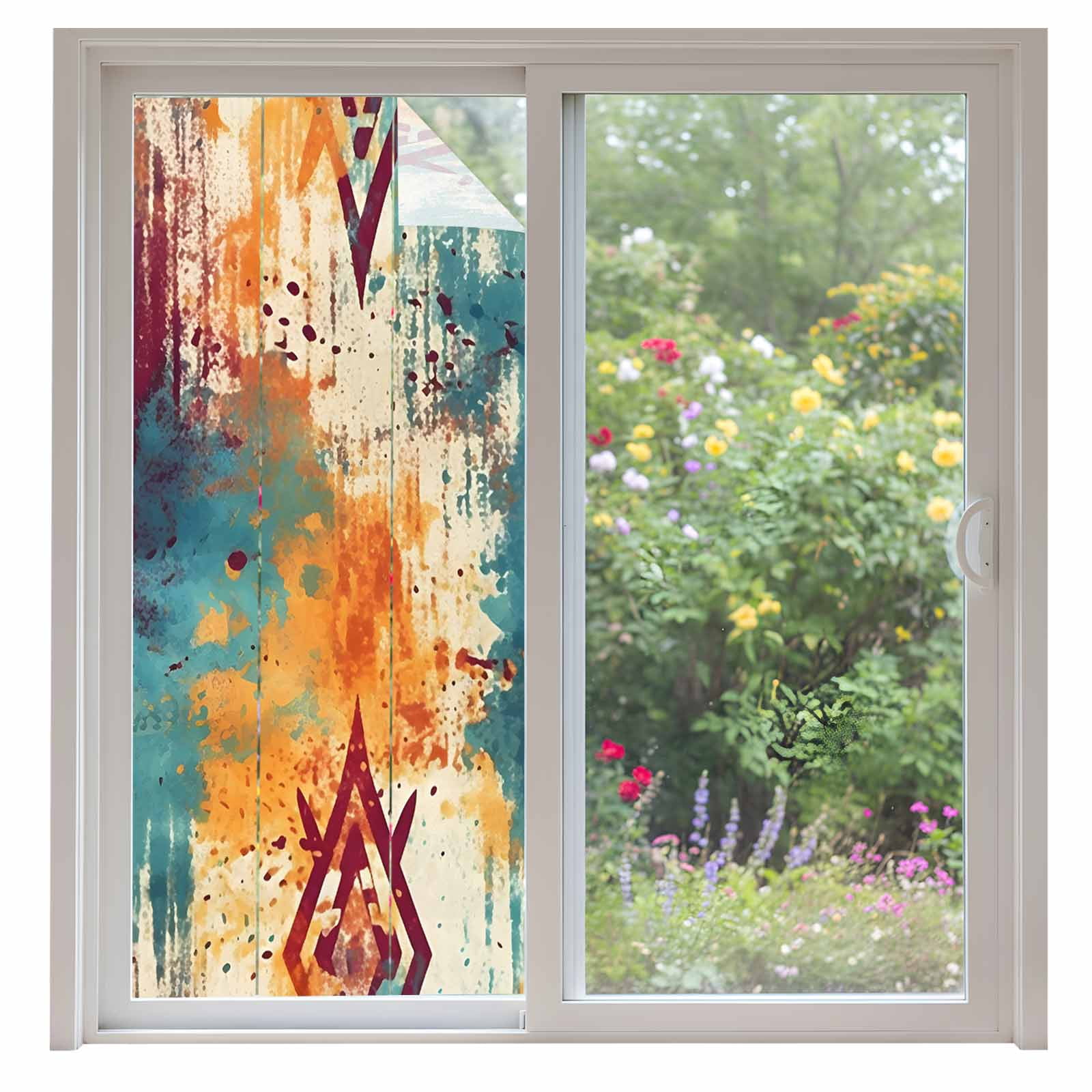 Boho Orange Teal Red Window Privacy Film, Modern Abstract Splashing Art ...