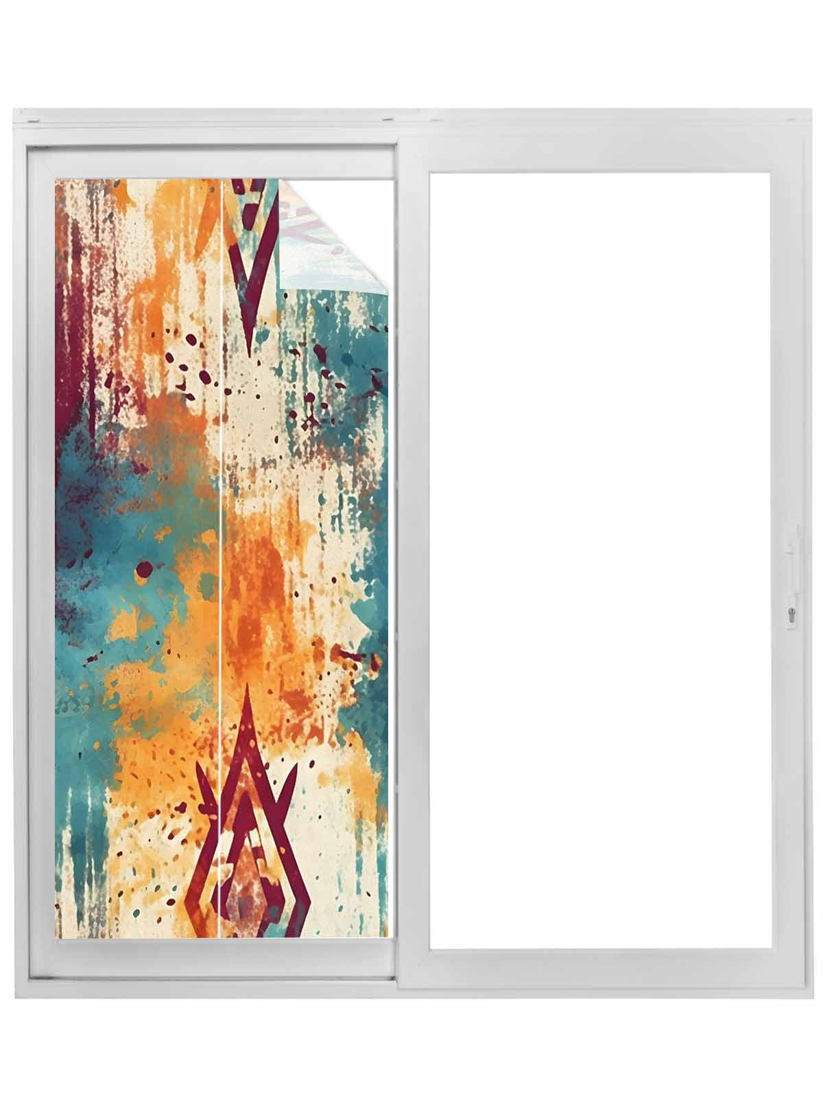 Boho Orange Teal Red Window Privacy Film, Modern Abstract Splashing Art ...