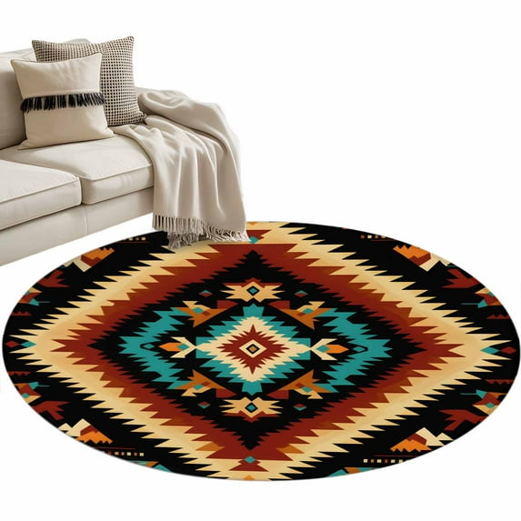 Boho Orange Teal Round Area Rug 4ft, Southwestern Abstract Geometric ...