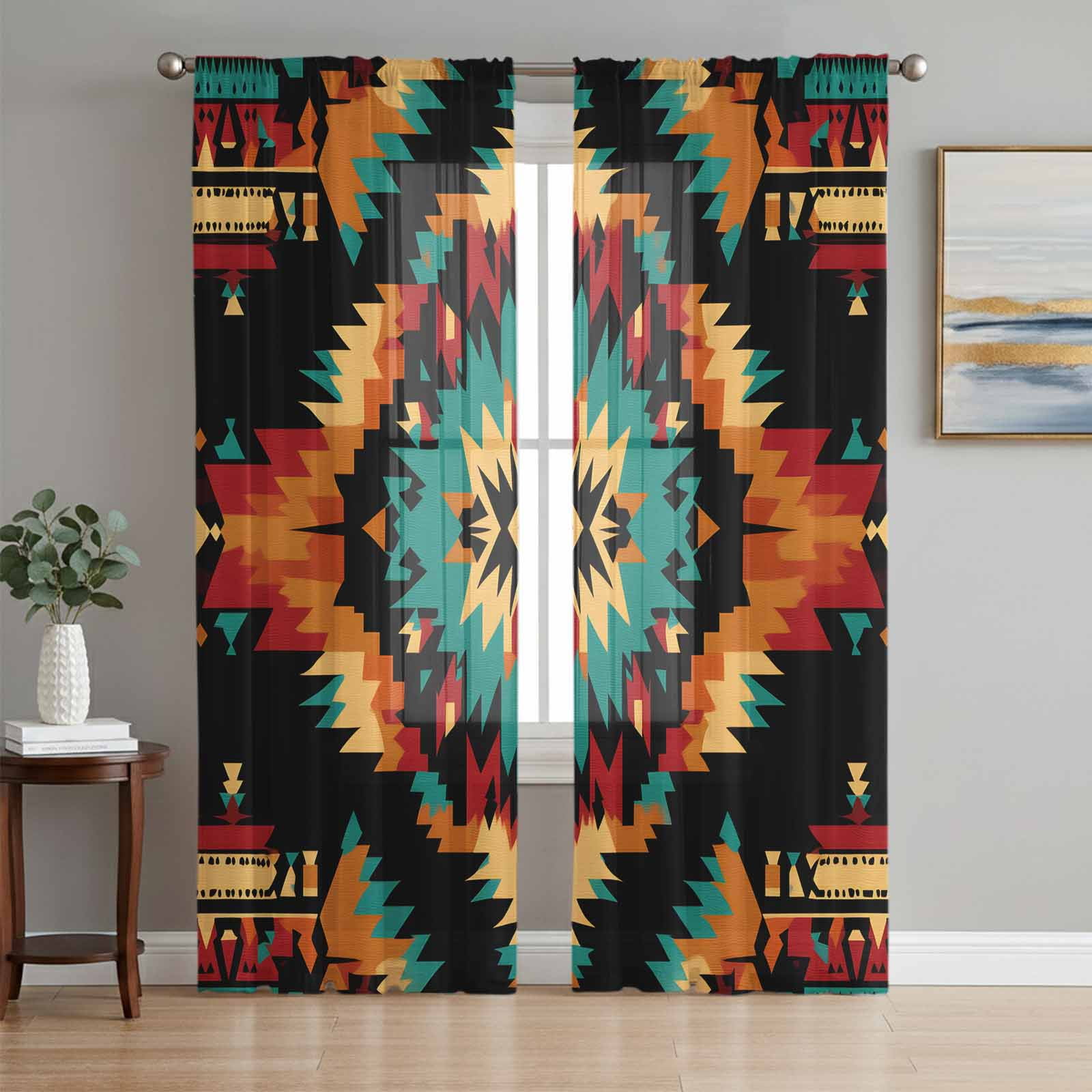 Boho Orange Teal Semi Sheer Curtains 96 Inch Length 2 Panels Set ...