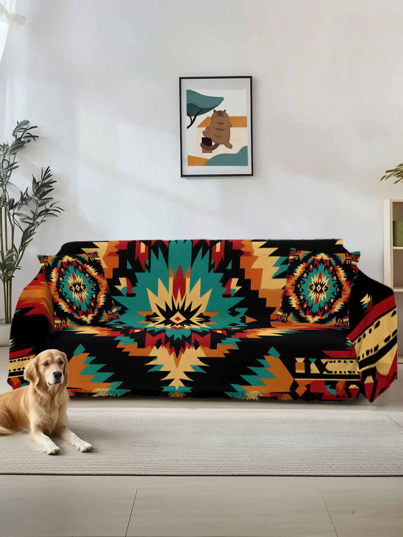 Boho Orange Teal Sofa Covers for 2-3 Cushion Couch L-Shaped Sectional ...