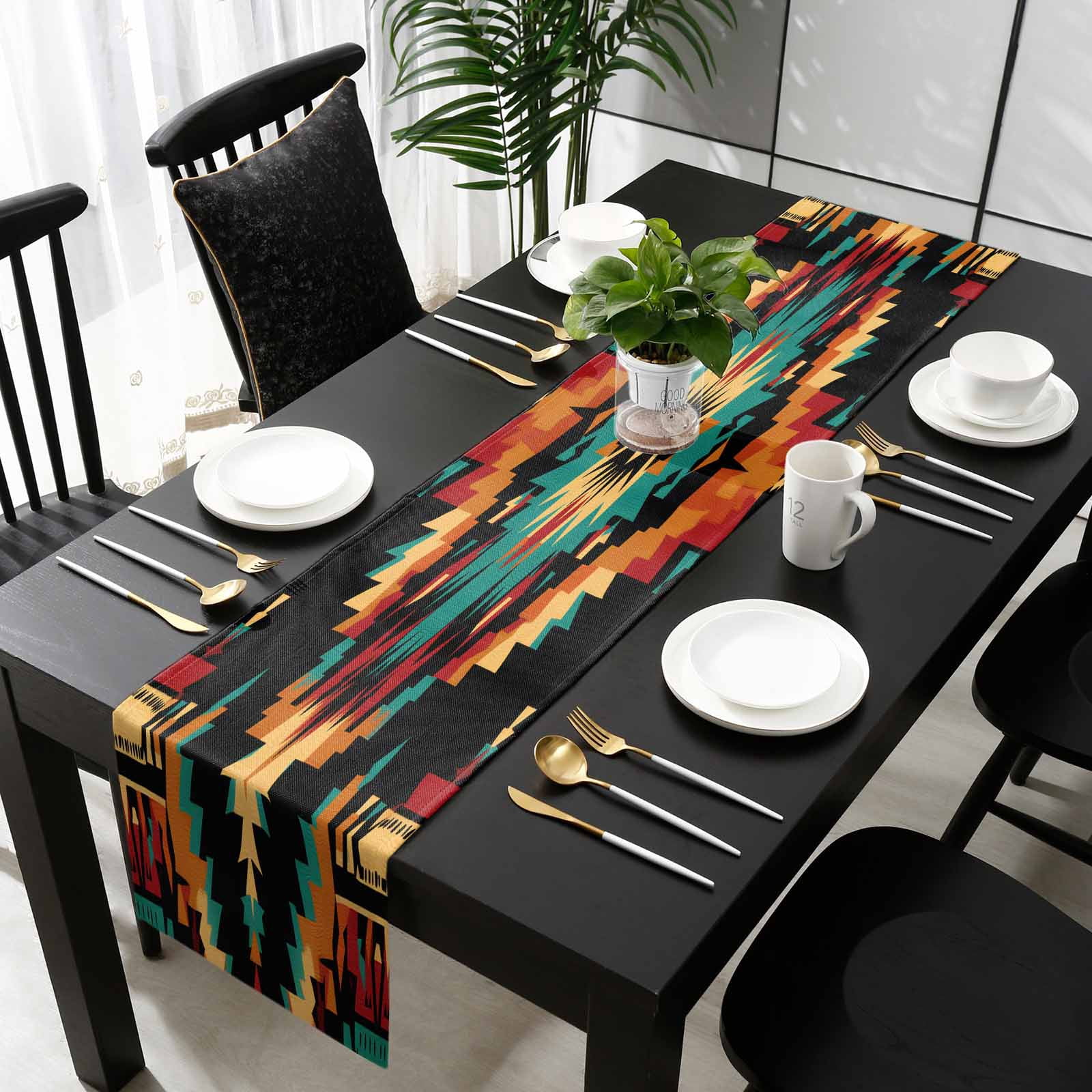Boho Orange Teal Table Runner 90 Inches Long,Geometric Vintage ...