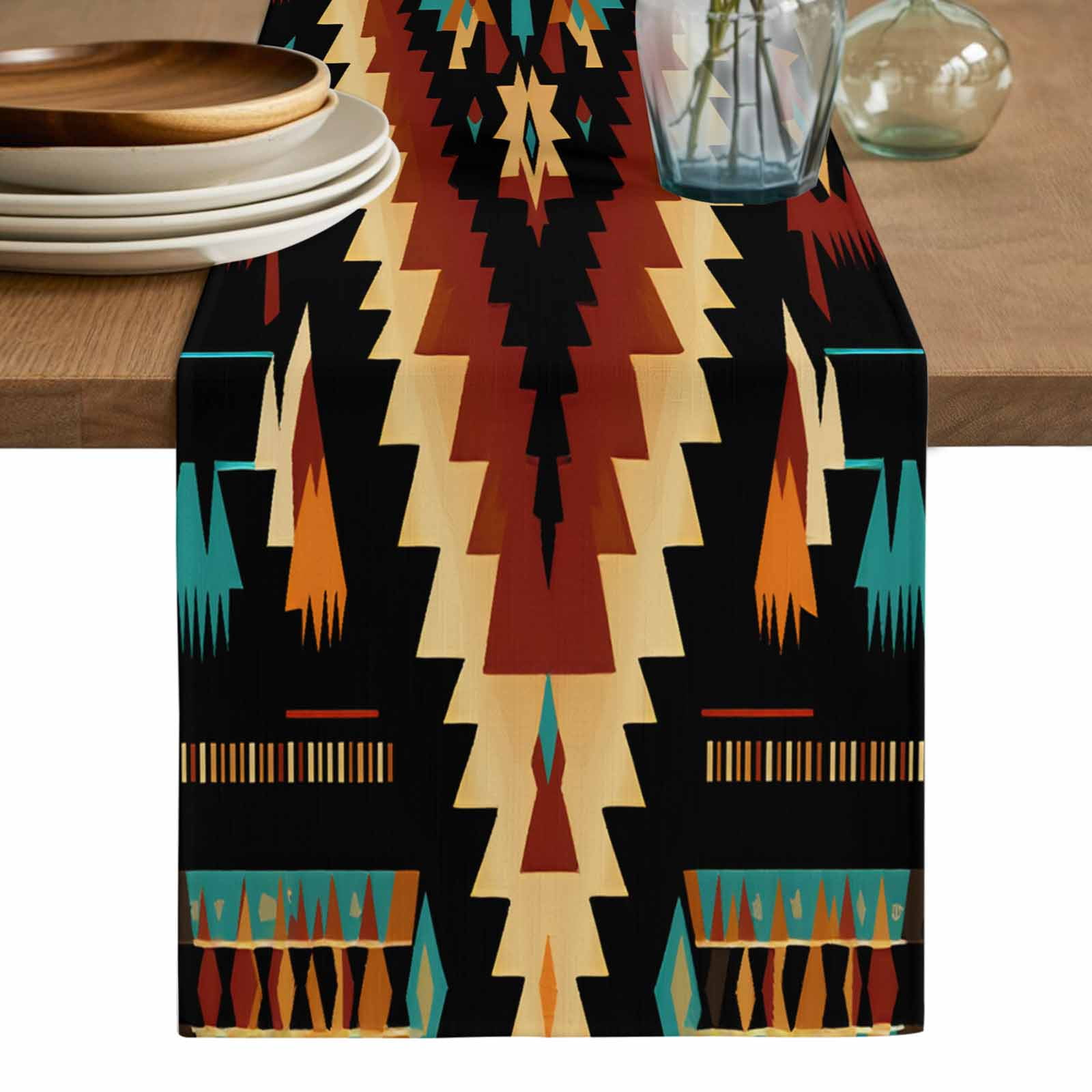 Boho Orange Teal Table Runner, Southwestern Abstract Geometric Ethnic ...
