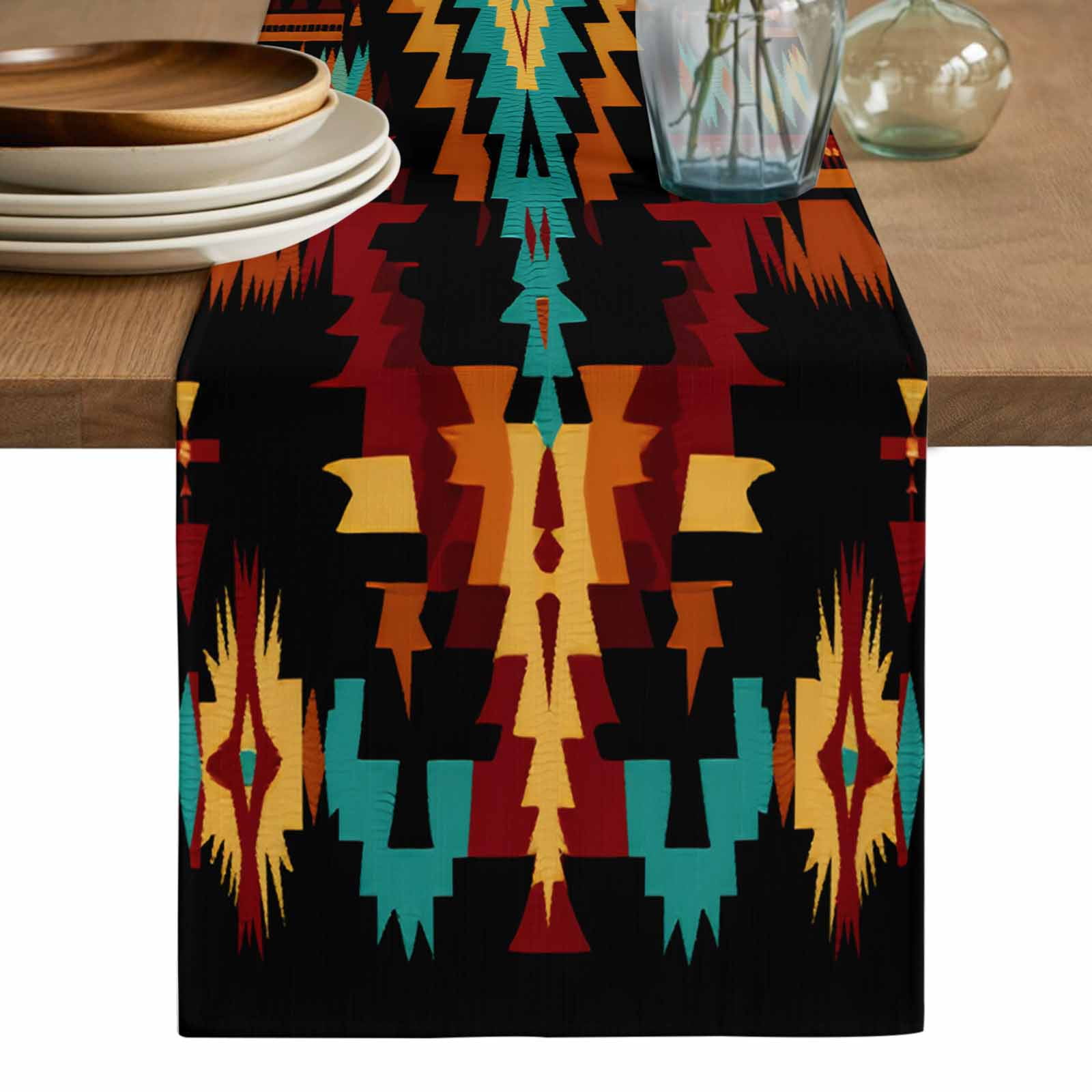 Boho Orange Teal Table Runner, Southwestern Ethnic Abstract Geometric ...