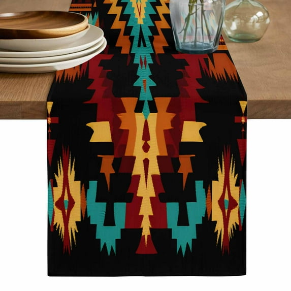 Boho Orange Teal Table Runner, Southwestern Ethnic Abstract Geometric ...