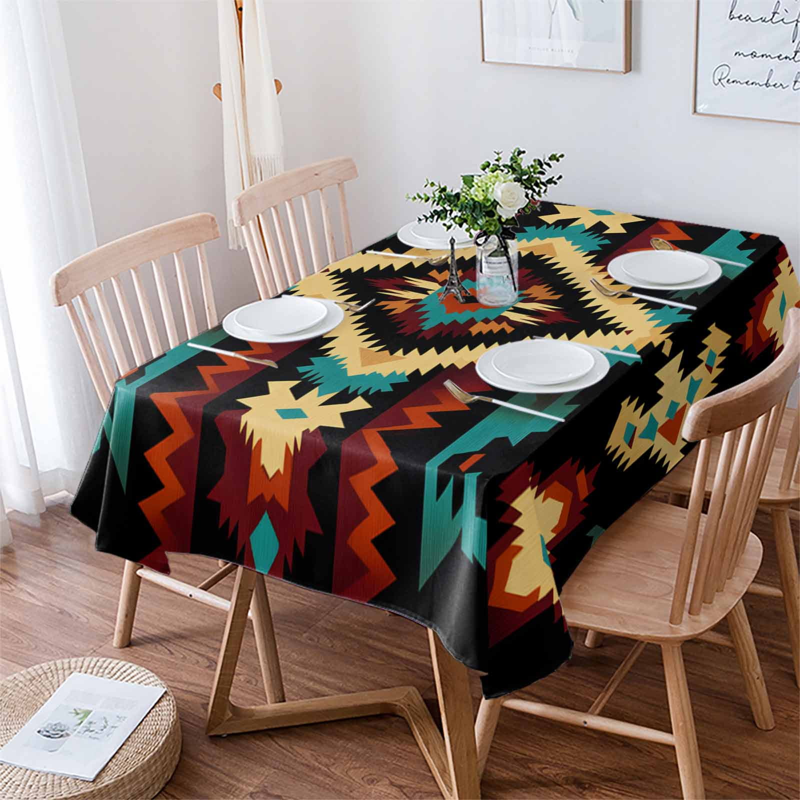 Boho Orange Teal Tablecloth Rectangle Table Cloth 60x84 , Waterproof ...
