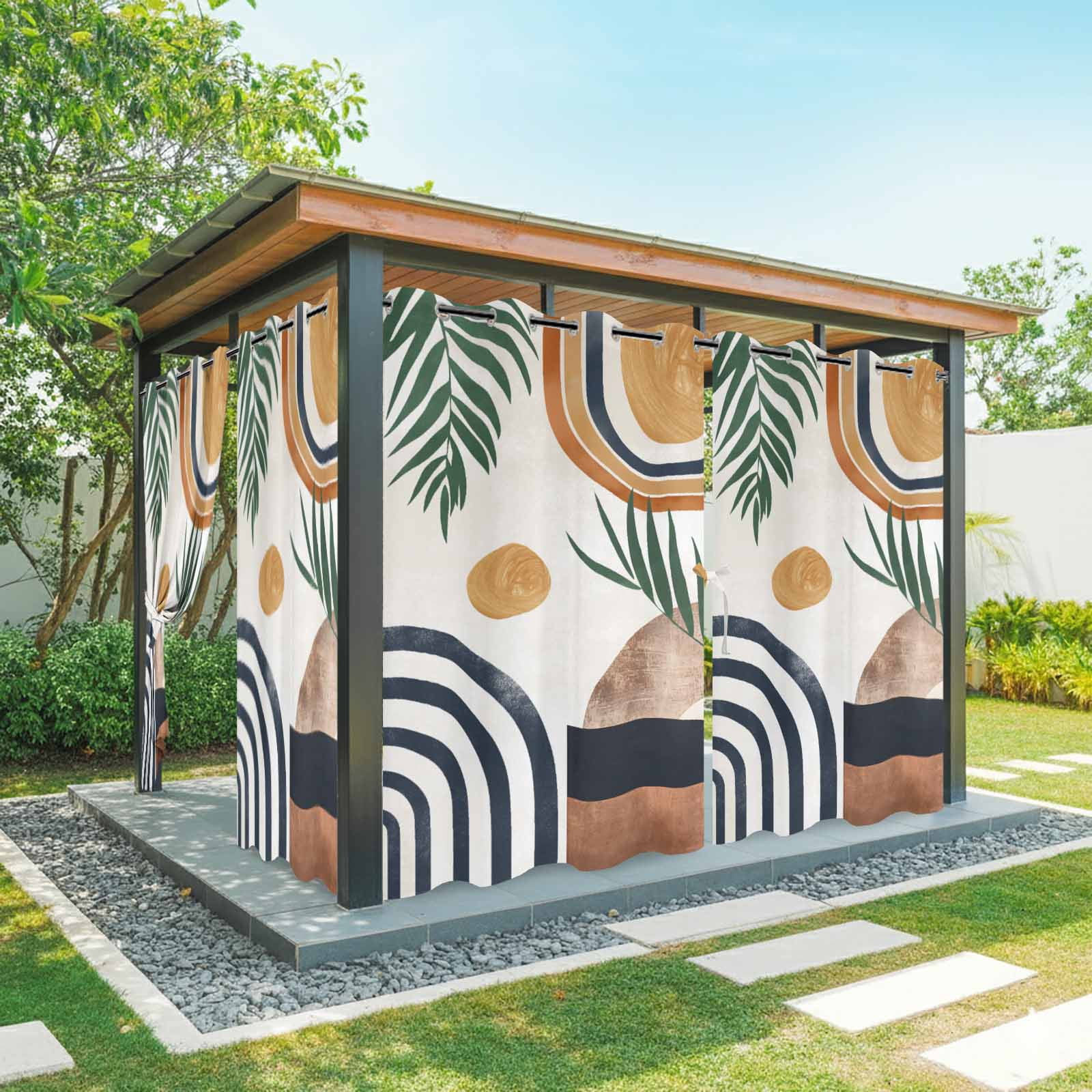 Boho Outdoor Curtains for Patio Waterproof, Leaf Geometric Neutral Mid ...