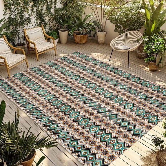 Boho Outdoor Rug, Abstract Gradient Overlay Lines Flowers Non-Slip Area ...
