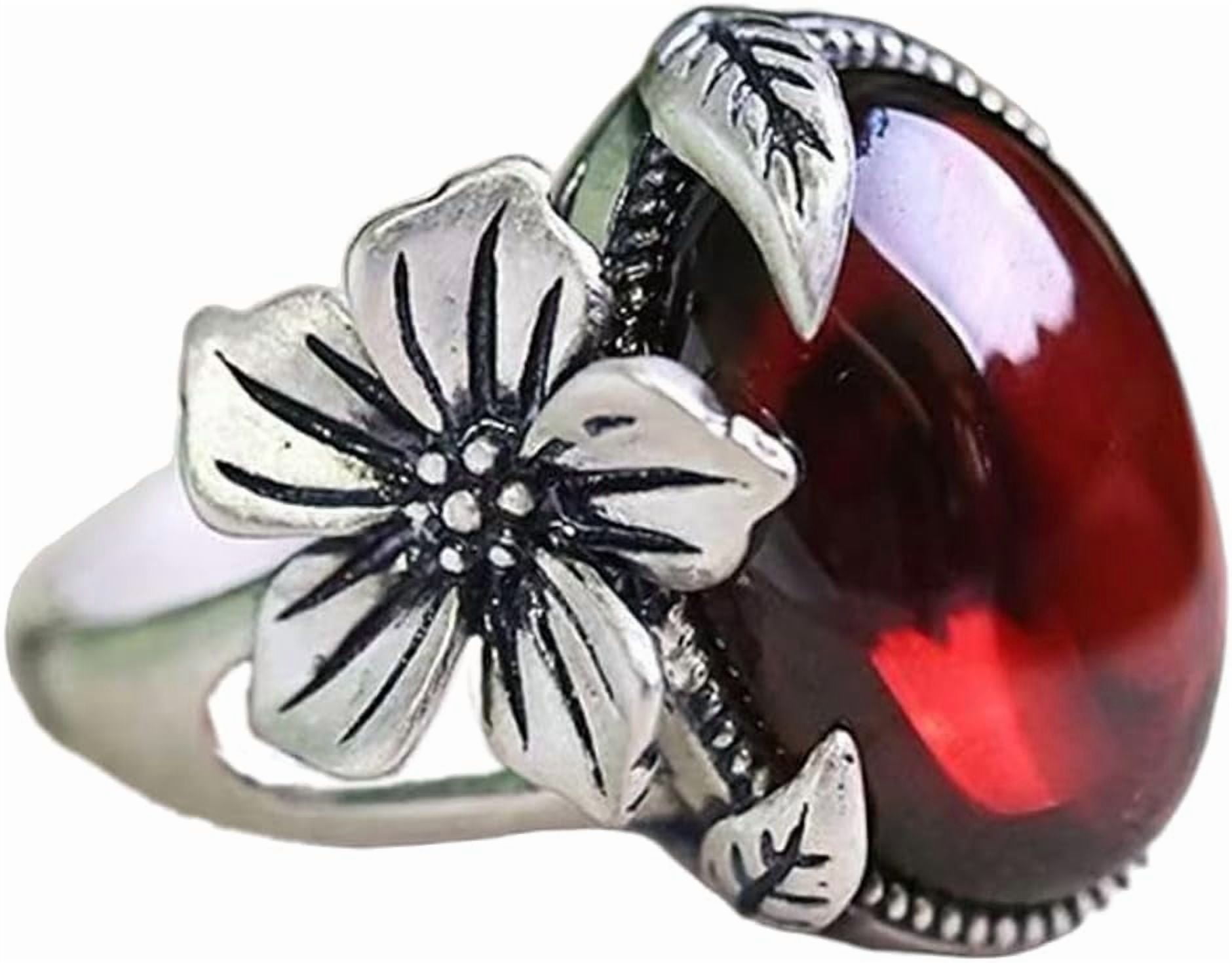 Boho Oval Stone Flower Leaf Statement Ring for Women Antique Silver ...