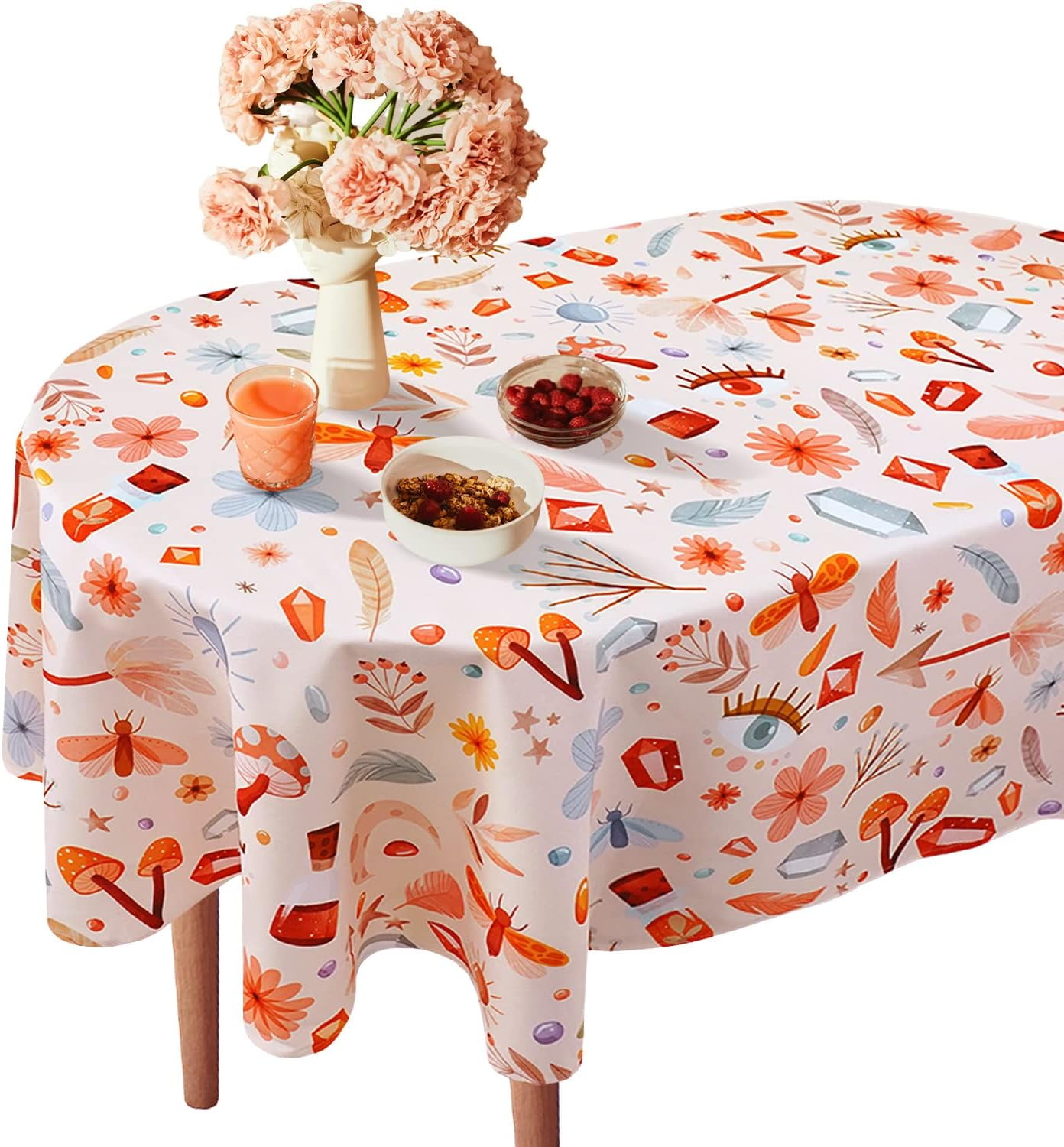 Boho Oval Tablecloth 60 x 84, Orange Pink Boho Tablecloth Table Cover ...