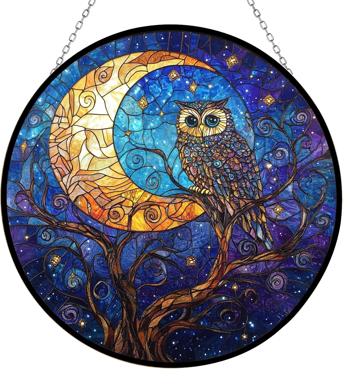 Boho Owl & Crescent Moon Suncatcher Stained Glass Window Hanging ...