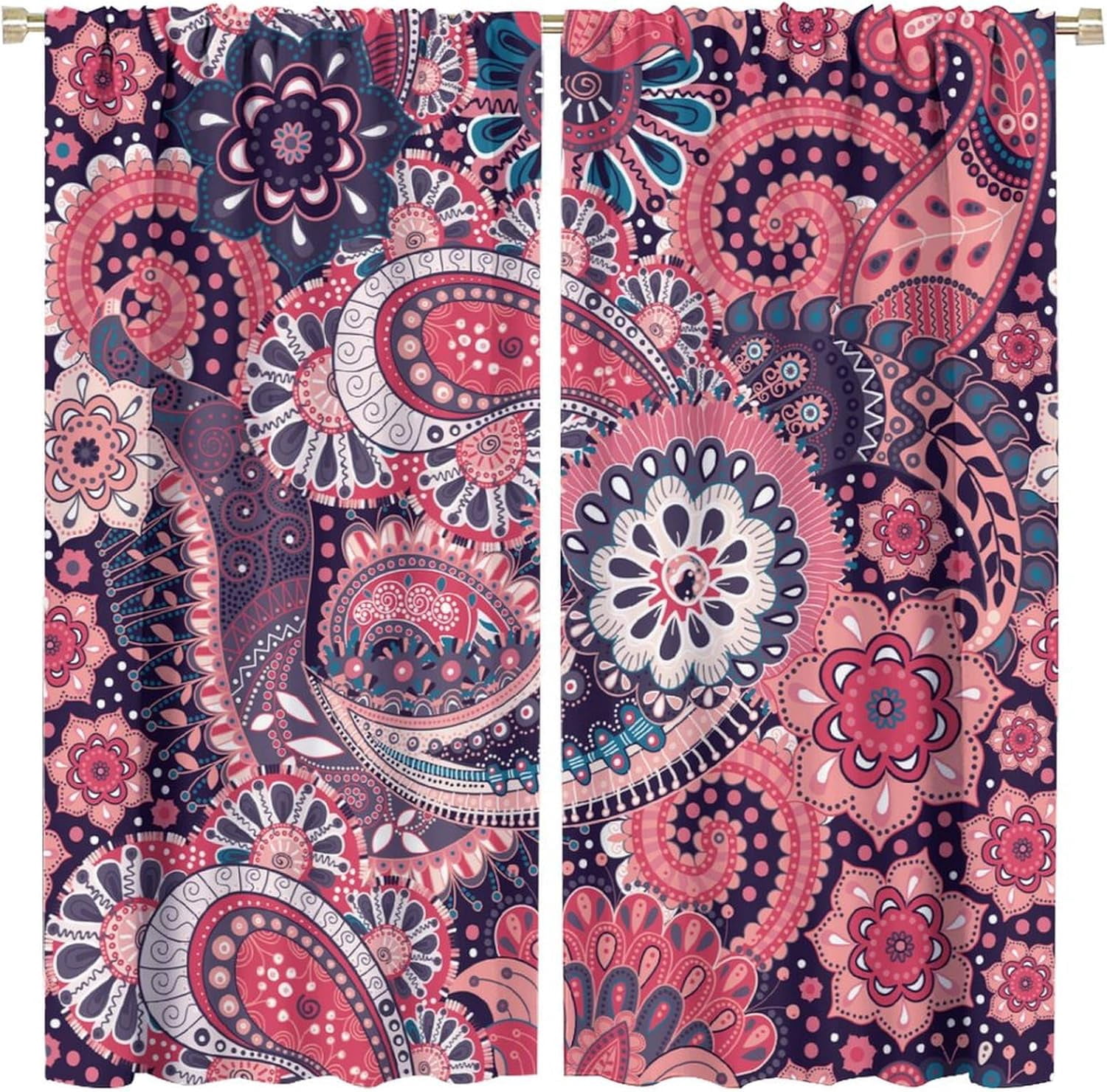 Boho Paisley Decor Blackout Curtains, Damask Retro Ethnic Rustic ...