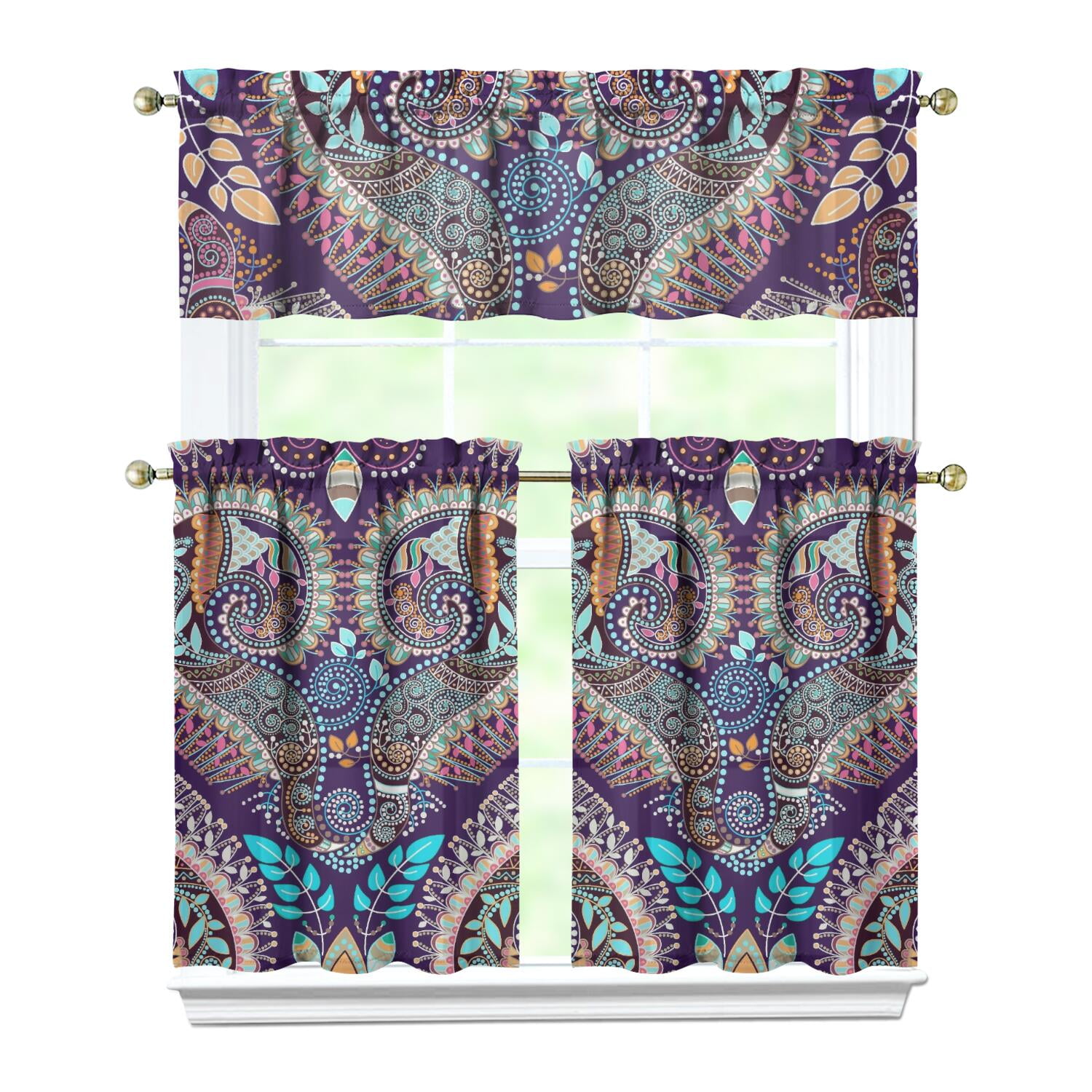 Boho Paisley Design Kitchen Curtains - 3 Piece Set Colorful Floral ...