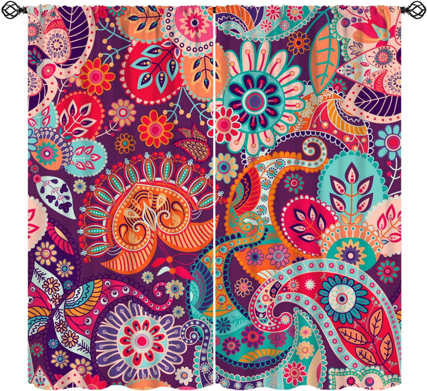 Boho Paisley Floral Curtains, Mandala Indian Bohemian Colorful Flowers ...