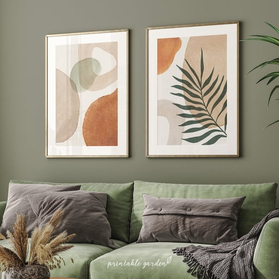 Boho Palm Leaf Abstract Botanical Earth Green Wall Art Set Set 2 ...