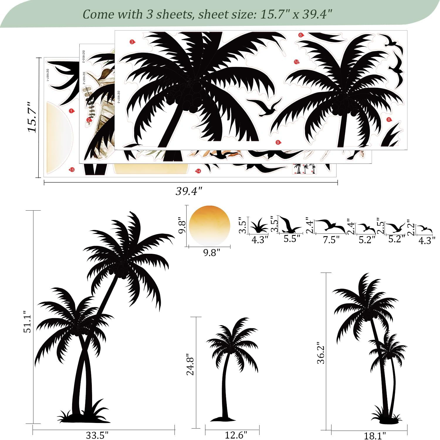 Boho Palm Tree Wall Decals Peel And Stick, Large Sunset Tropical Plants ...