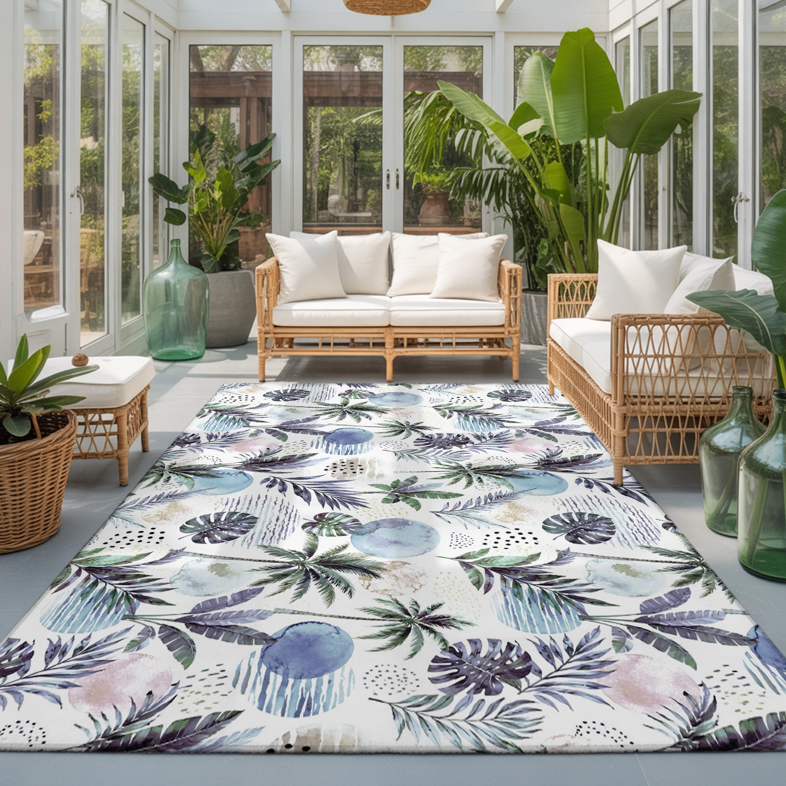 Boho Palm Tree Washable Area Rugs 4'x6', Vintage Beach Exotic Blue ...