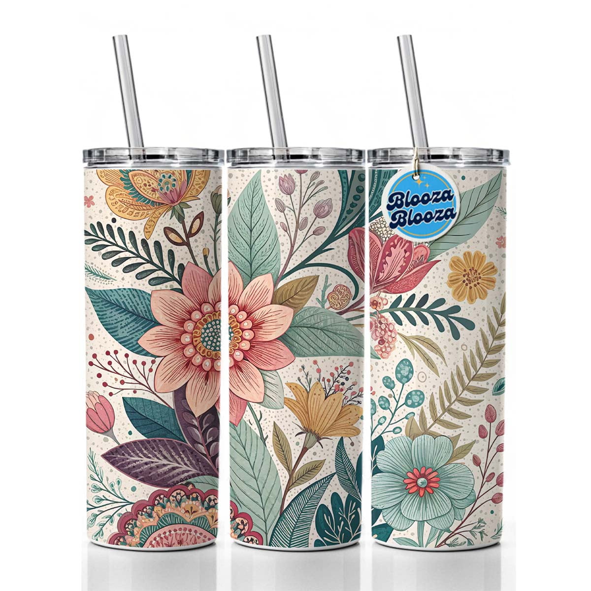 Boho Pastel Floral Pattern 20oz Insulated Water Bottle Skinny Tumbler ...