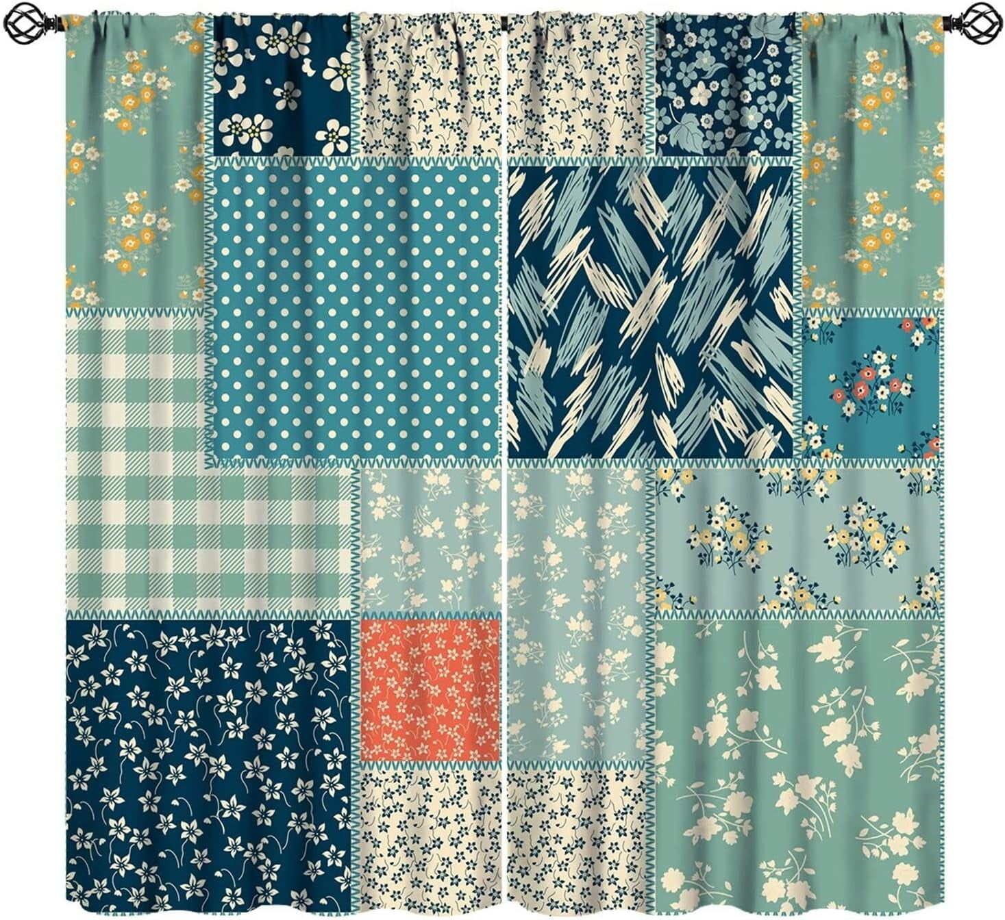 Boho Patchwork Blackout Curtians Vintage Rustic Floral Check Polka Dot ...