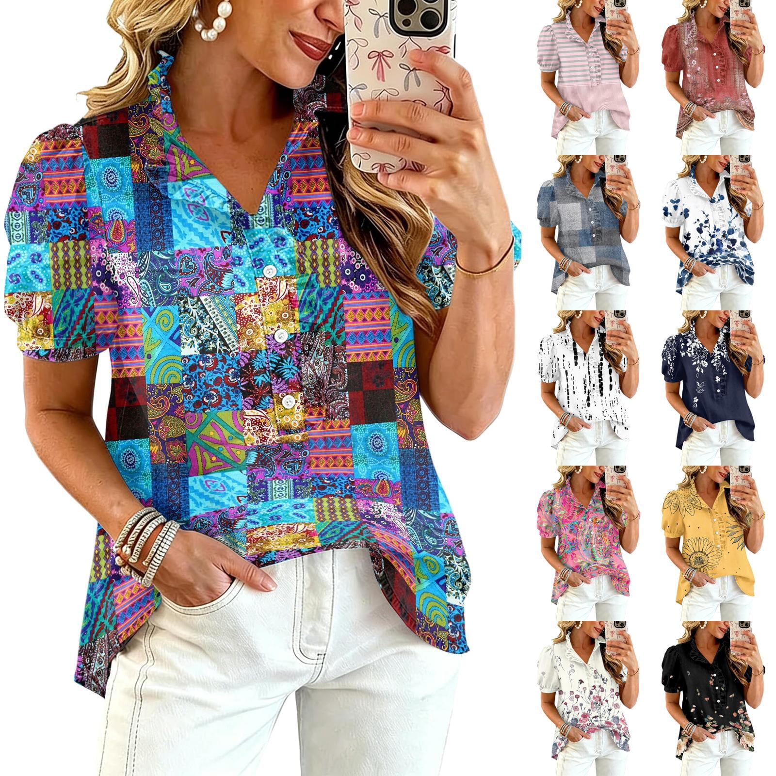 Boho Patchwork Print Blouse for Women, V-Neck Short Sleeve Button Down ...