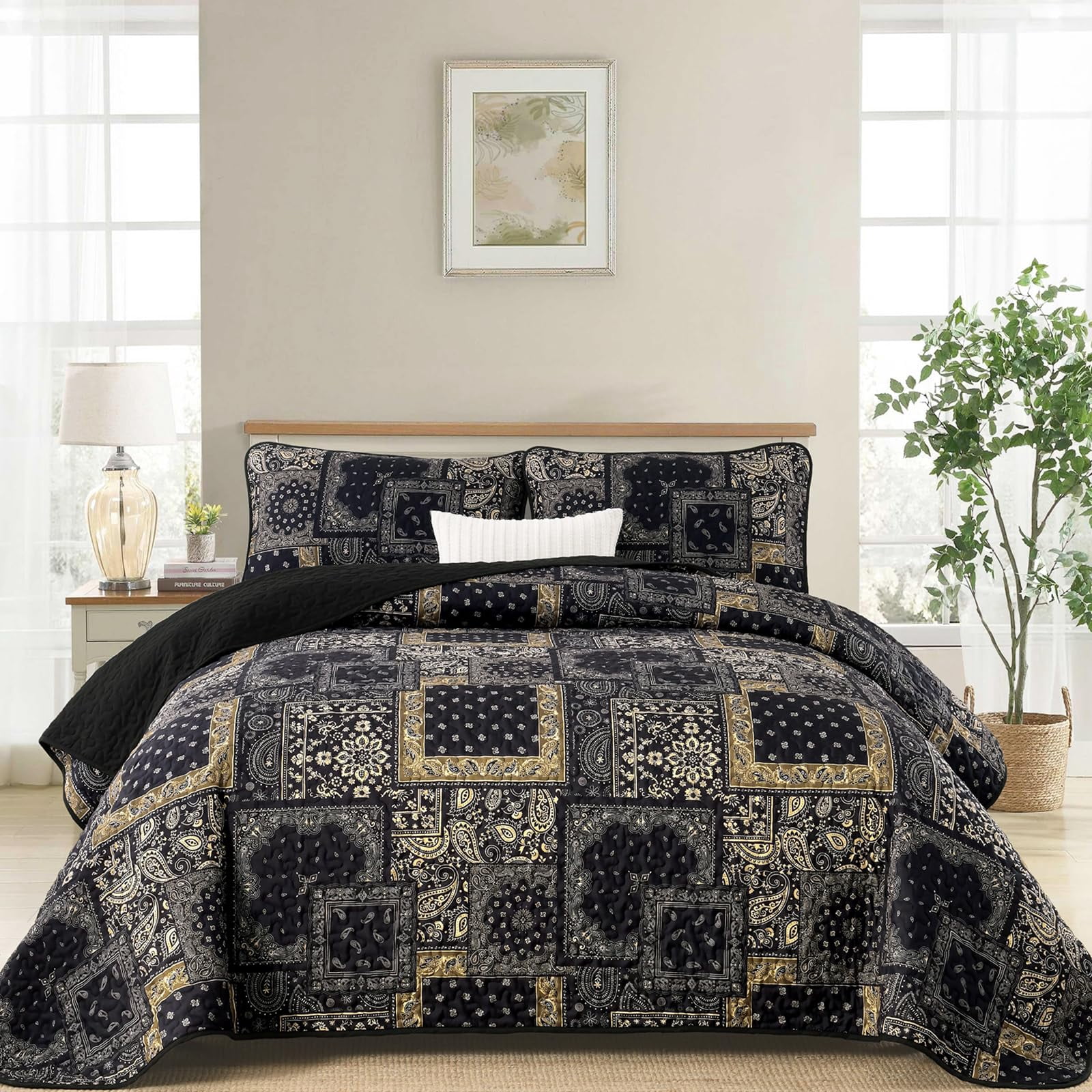 Boho Patchwork Quilt Set King Size Black Fall Bedspread Paisley ...