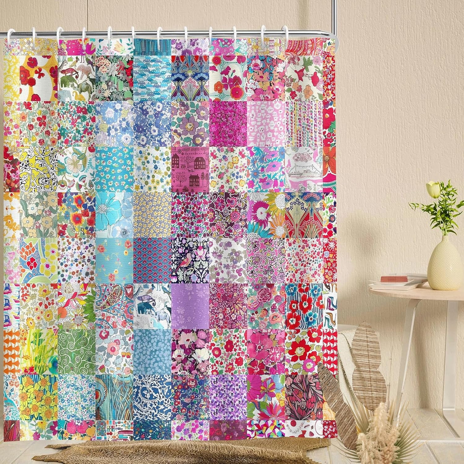 Boho Patchwork Shower Curtain, Spring Blooming Splicing Flowers Pattern ...