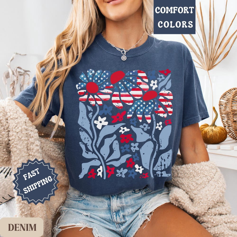 Boho Patriotic Daisy Shirt, American Flag Floral Tee, 4Th Of July Usa ...