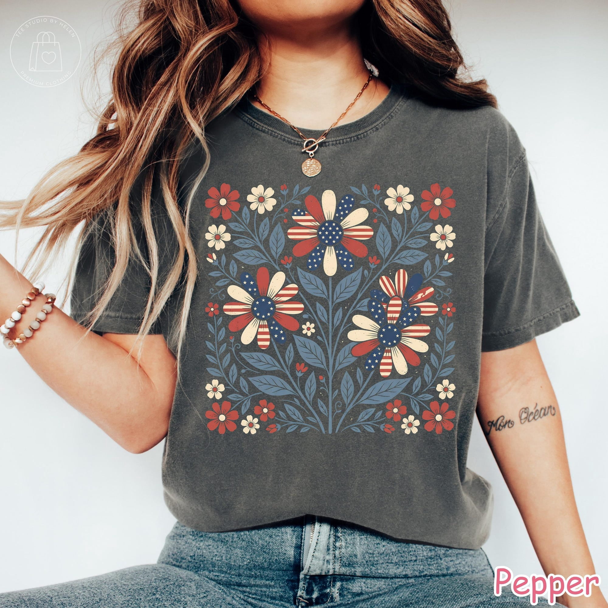 Boho Patriotic Daisy Shirt American Flag Floral Tee 4th of July USA ...