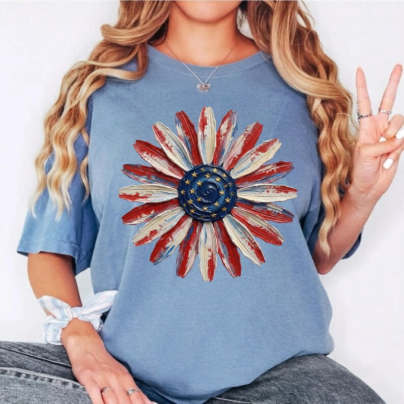 Boho Patriotic Daisy Shirt, American Flag Floral Tee, 4th of July USA ...