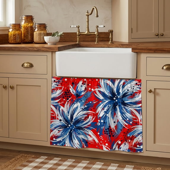 Boho Patriotic Floral Cabinet Curtains 28"W x 35L, Red Blue Floral ...