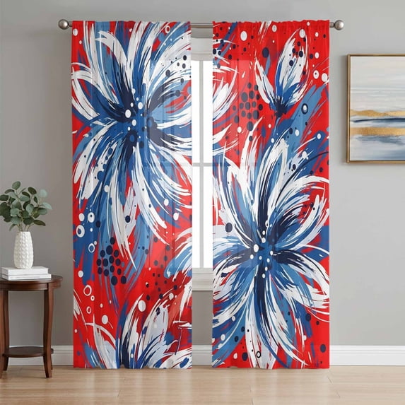 Boho Patriotic Floral Sheer Curtains for Living Room Bedroom Red Blue ...