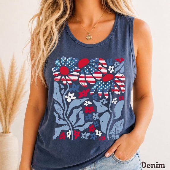 Boho Patriotic Tank Top Floral American Flag Shirt Retro 4th of July ...