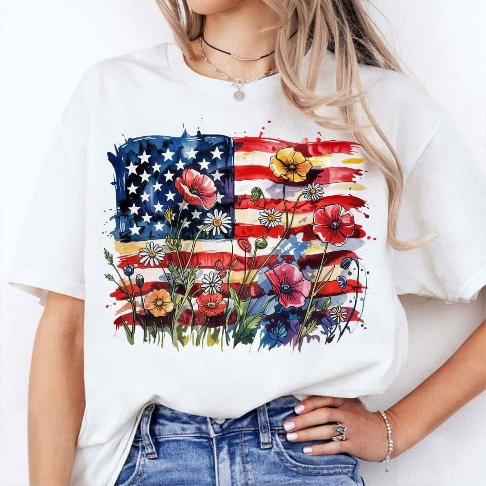 Boho Patriotic Women's Tee – Wildflower & Flag Fusion Design – Soft ...