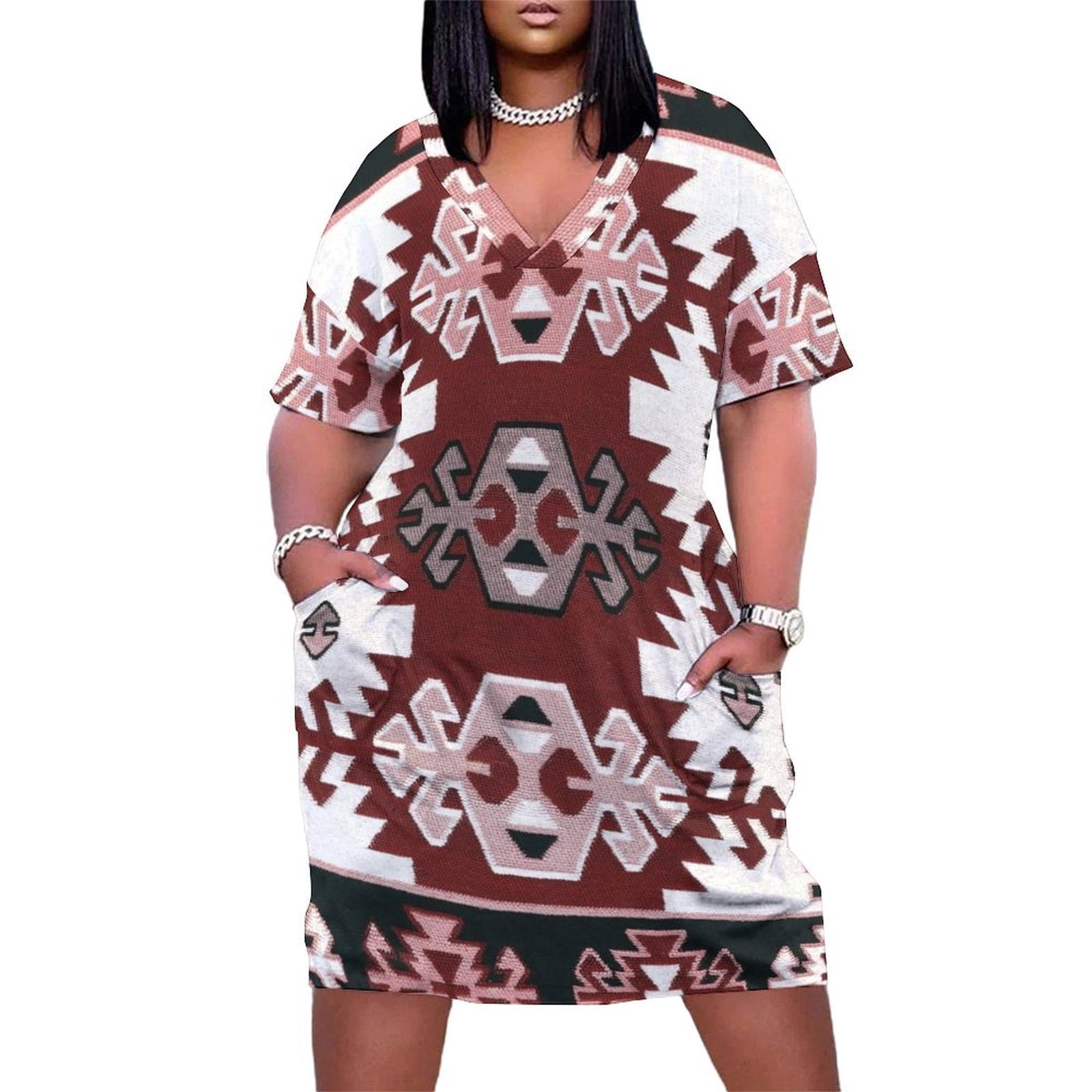Boho Pattern Kilim rug Loose Pocket Dress Dresses gala Women's skirt ...