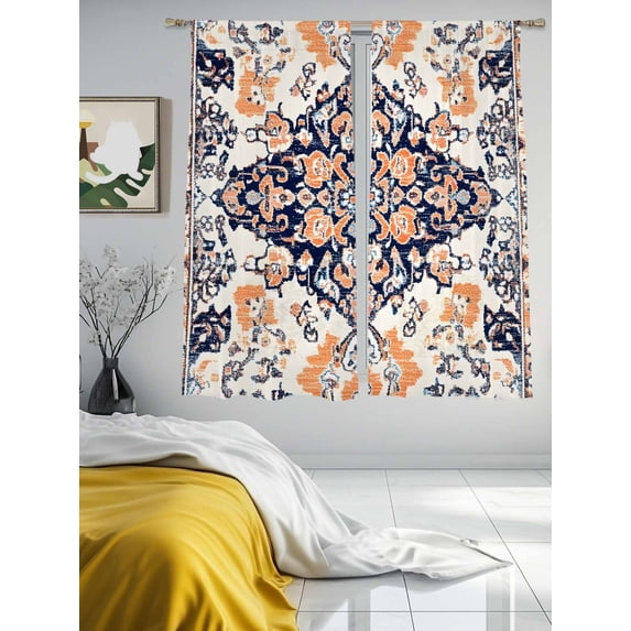 Boho Pattern Retro Orange Block Chiffon Sheer Curtains 63 Inches Long ...