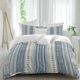 Boho Pattern on Retro Stripe Queen Size Bed Set,Geometric Line on Blue ...
