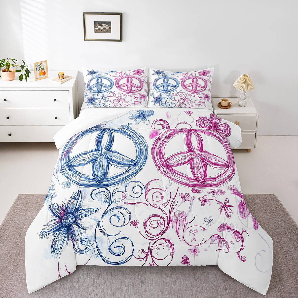 Boho Peace Down Comforter Bohemian Hippie Floral Comforter Sets King ...