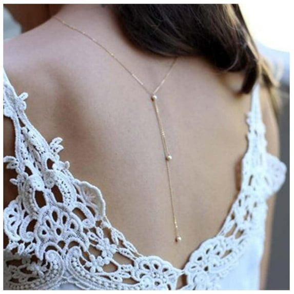 Boho Pearl Back Chain Necklace Gold Layered Backdrop Necklace Body ...