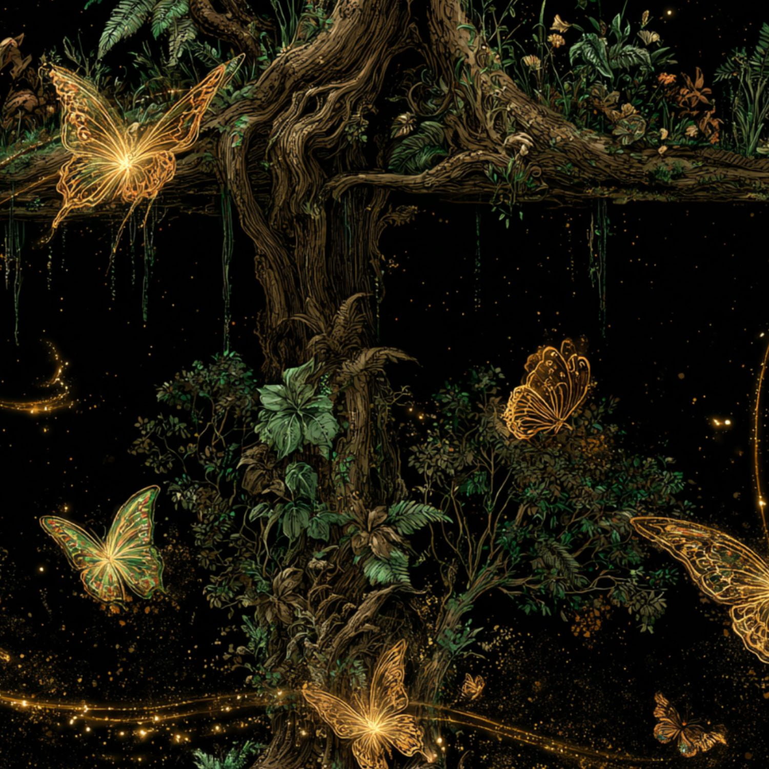 Boho Peel and Stick Wallpaper Dark Woodland Luminous Butterflies Spiral ...