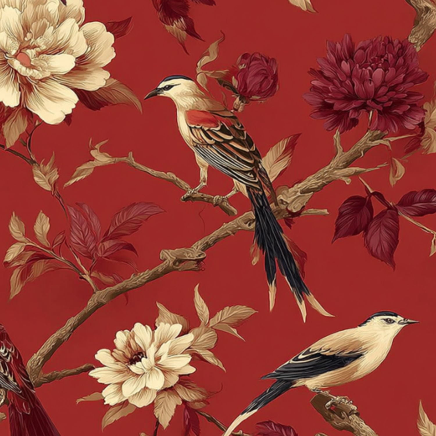 Boho Peel and Stick Wallpaper Vintage Floral Birds Red Contact Paper 17 ...