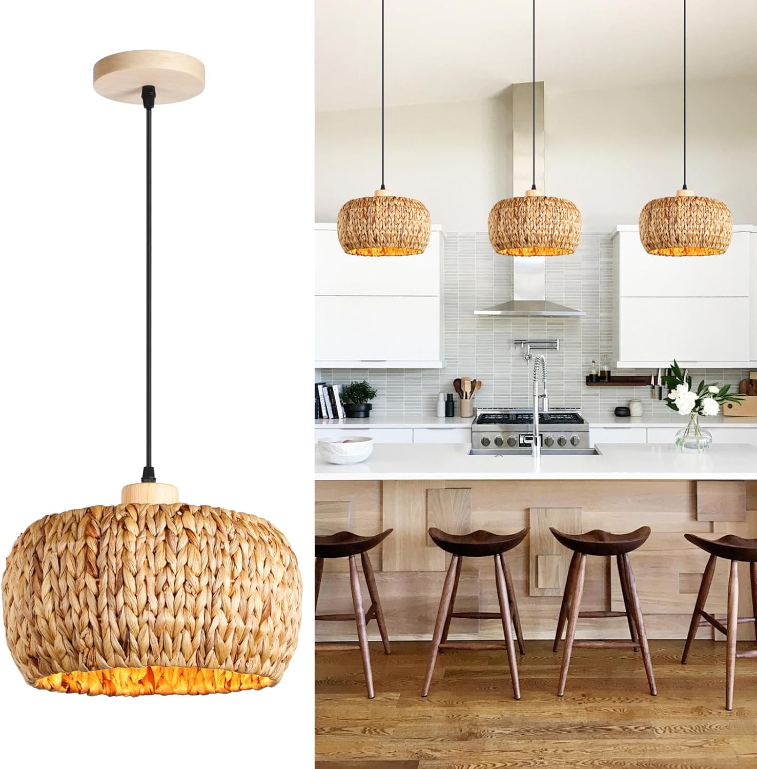 Boho Pendant Lights for Kitchen Island, 11.8" Bohemian Rattan Hand ...
